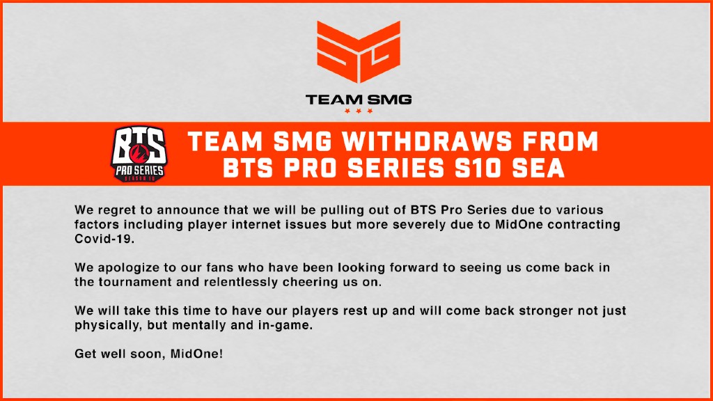 MidOne tinamaan ng COVID-19; Team SMG nag-withdraw sa BTS Pro Series Season 10: SEA | ONE ...